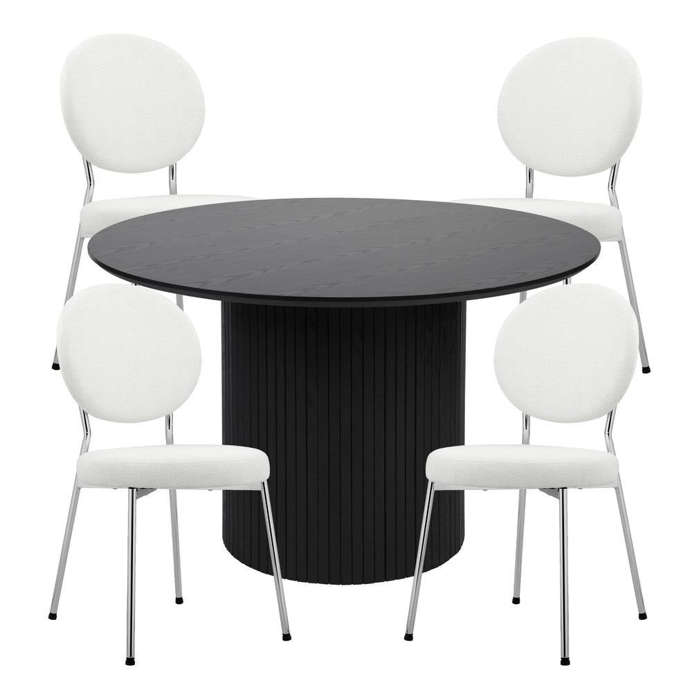 Cove Dining Table Black and Dora Set of 4 Dining Chairs Chrome and Cre